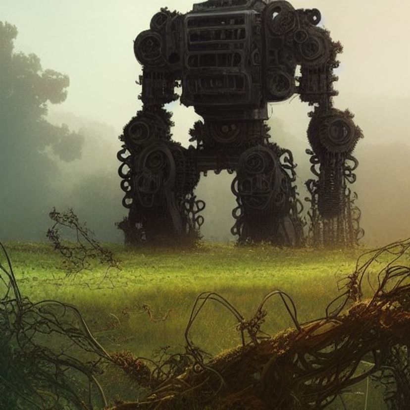 Giant ancient robot overgrown by vines, resting a meadow, gears ...