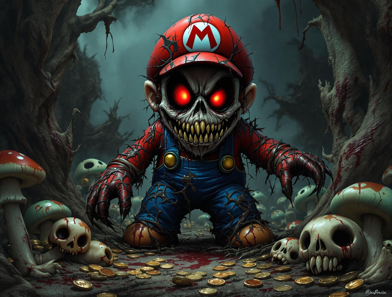 Horror version of Mario from mario bros. Mario's eyes, once jovial, are ...