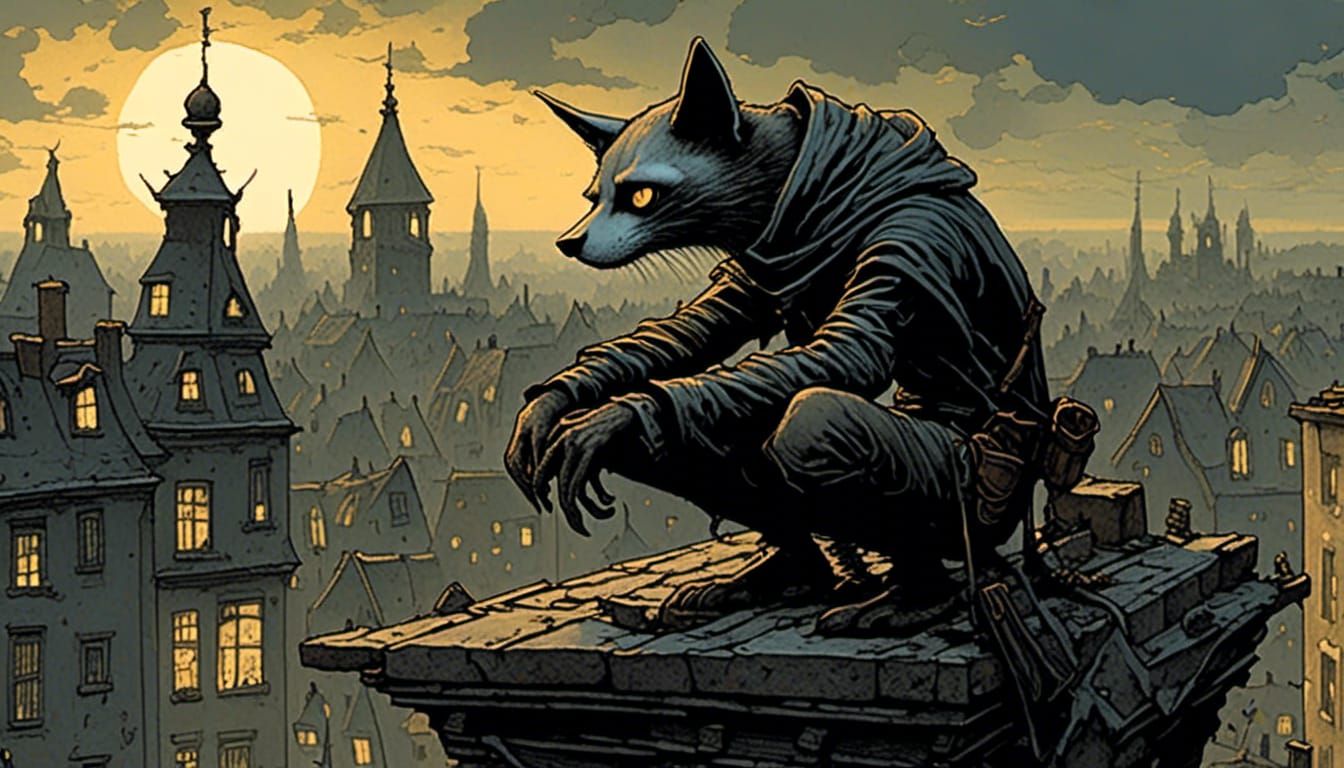 A stealth assassin crouched on a rooftop (by Gris Grimly/Tim Burton ...