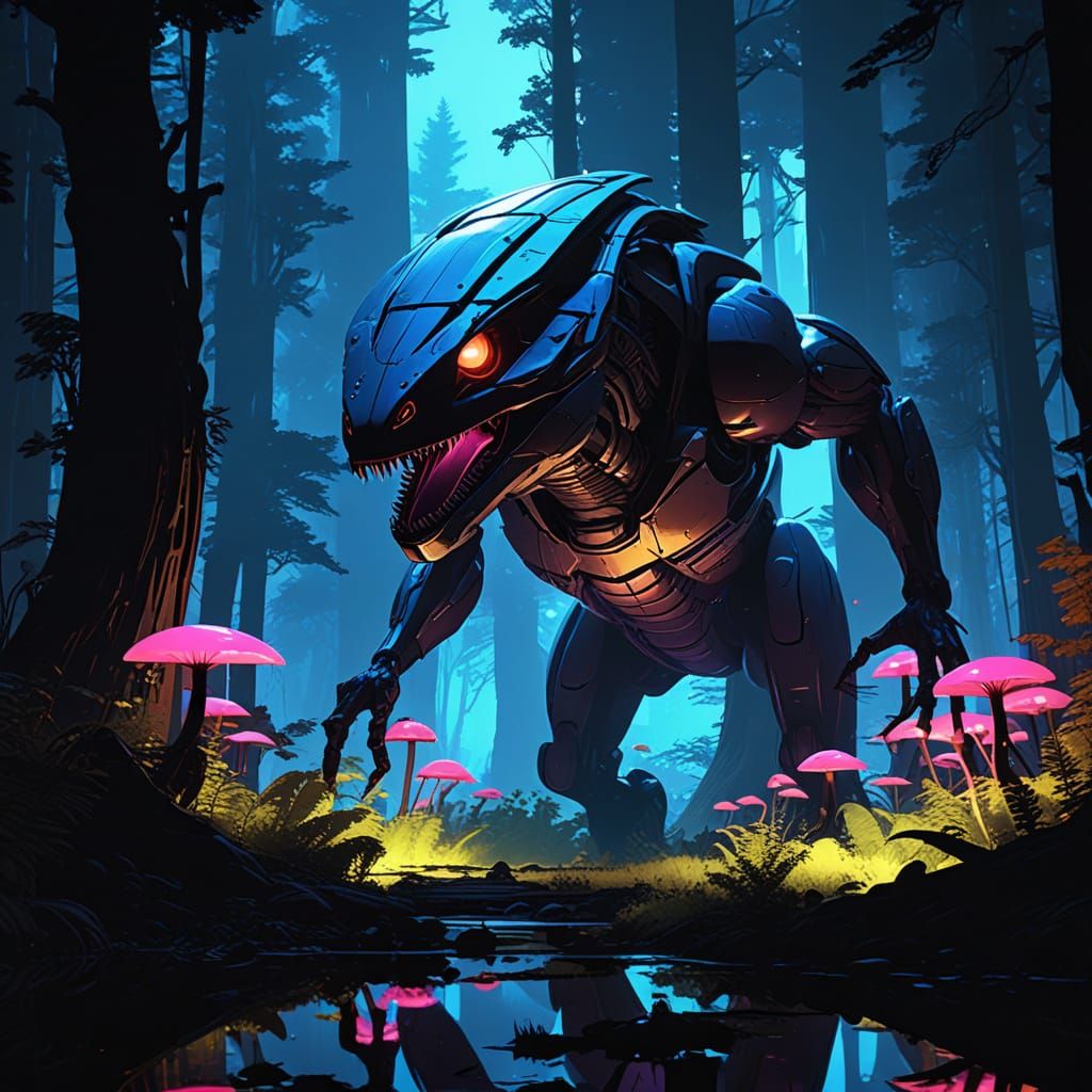 Dark Fantasy Raptor Hunts in Neon-Lit Forest - AI Art