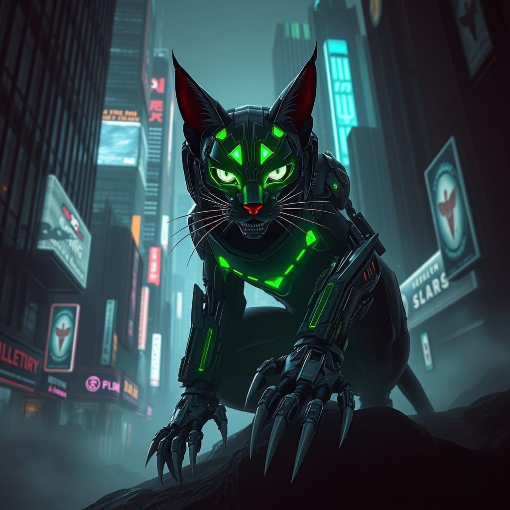 Cybernetic Cat Assassin in Dark, Futuristic Metrop... - AI Art