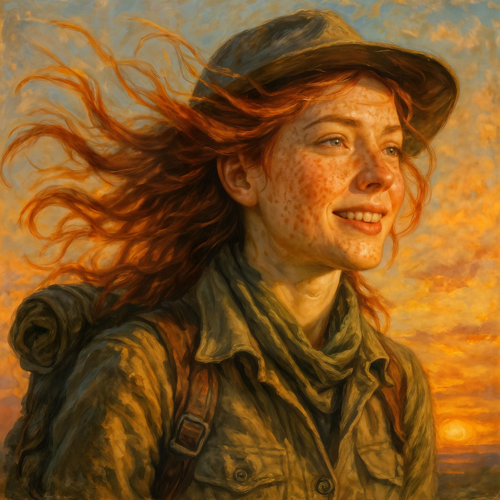 Windy Wendy - Optimistic Redhead Explorer at Sunset: Detaile...
