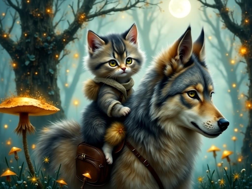 Smol adventure kitten with her loyal wolf friend