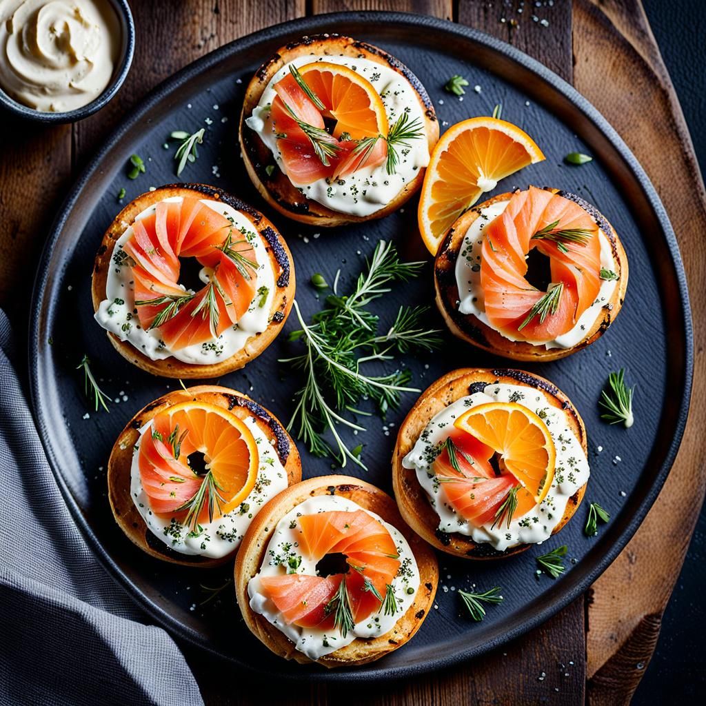 Food photography of a front-view luxurious presentation of a lox bagel ...