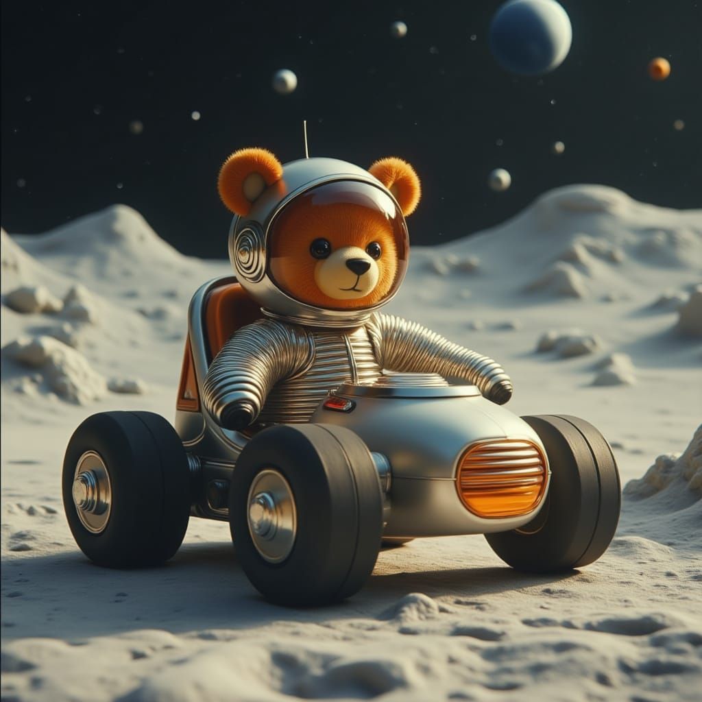 Vintage Space Teddy Bear on Lunar Rover in Retro-F... - AI Art