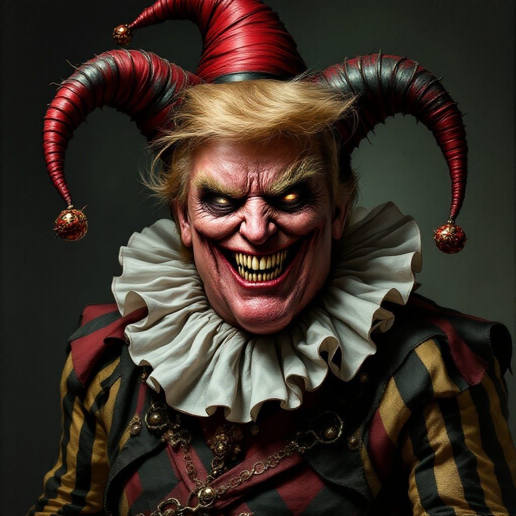Donald trump dressed as a court jester with a demonic grin