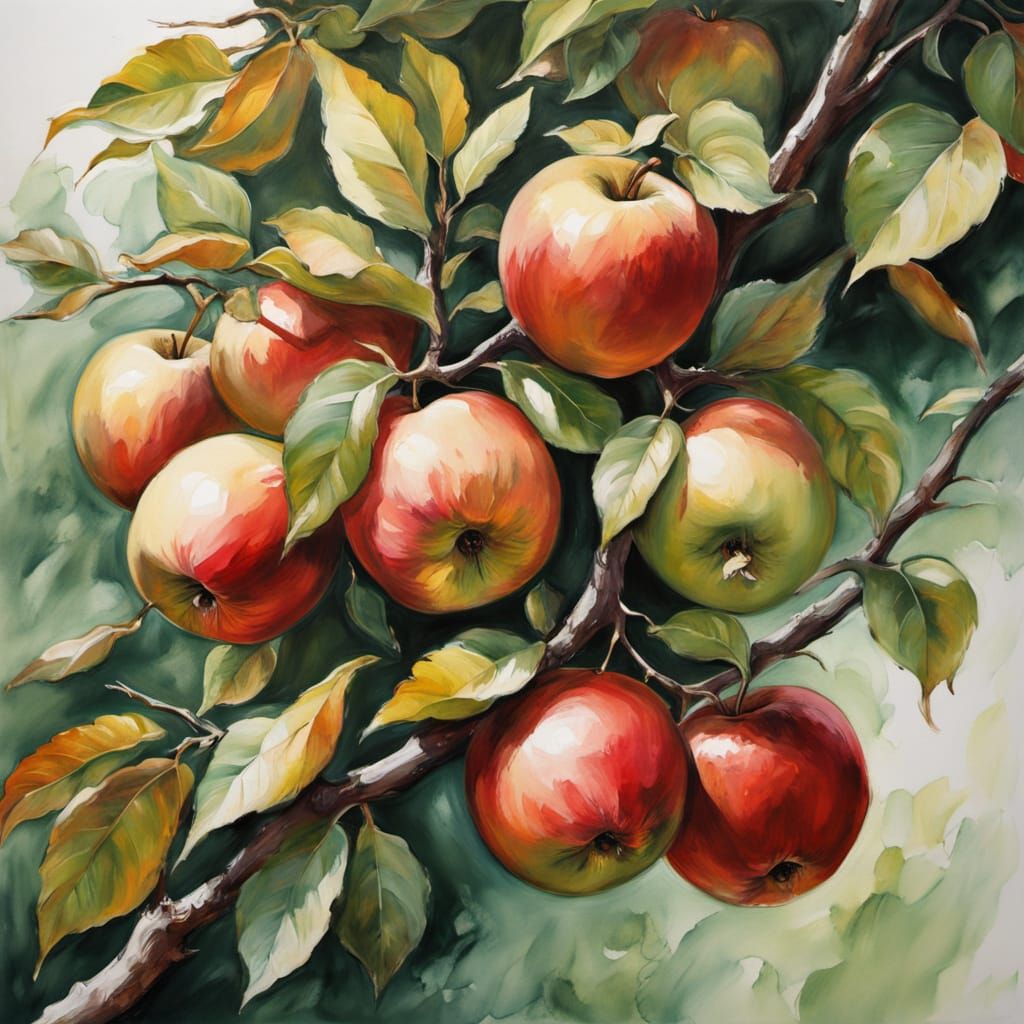 apple tree - Vibrant Botanical Apple Tree in Watercolour Gou...
