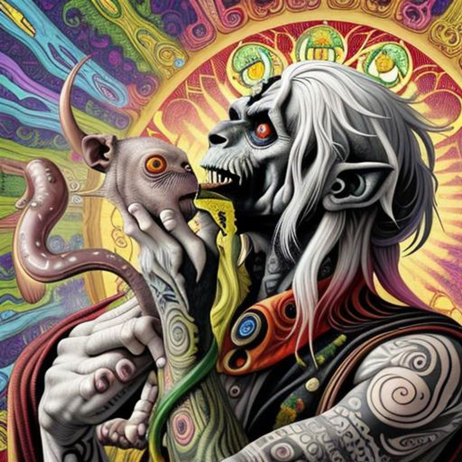 Tattooed albino contortionist hippy freak, colorful, created by the ...