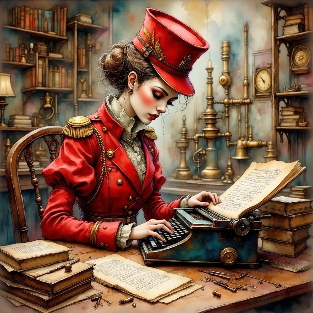 Epic tales written... - Enchanted Steampunk Scribe in Whimsi...