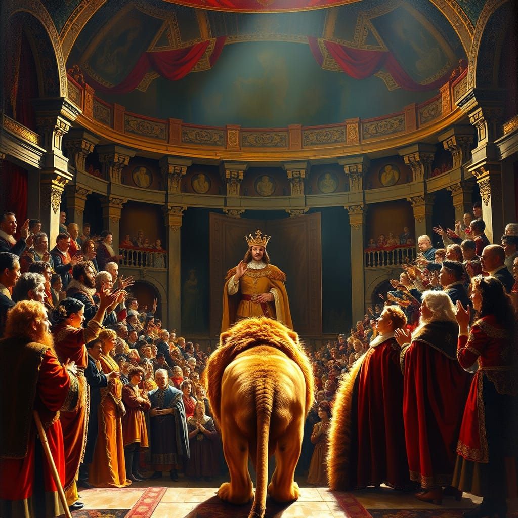 Medieval Aristocrats Cheer Regal King in Lavish Am... - AI Art