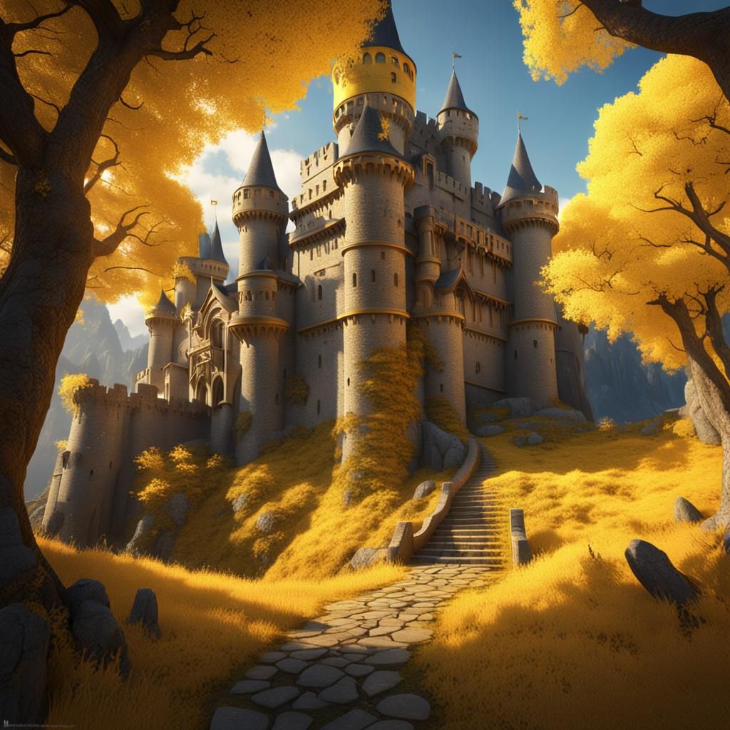 A pale yellow medieval castle surrounded by lush yellow trees and flora ...