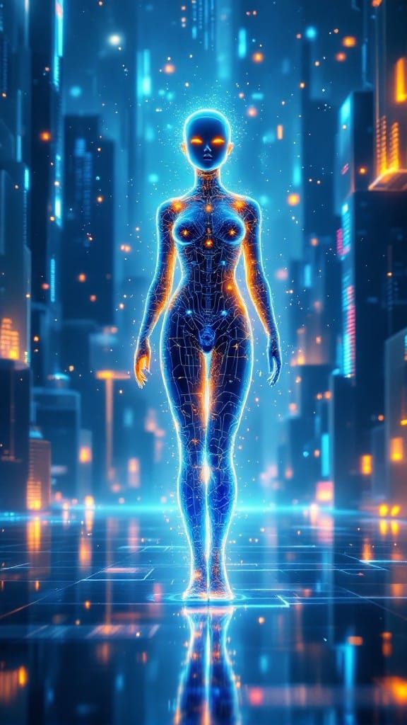 Glowing Holographic Figure in a Futuristic Digital... - AI Art