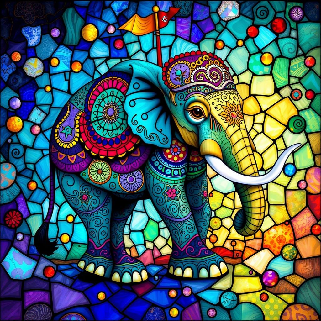 Vibrant Circus Elephant in Stained Glass Dreamscap... - AI Art