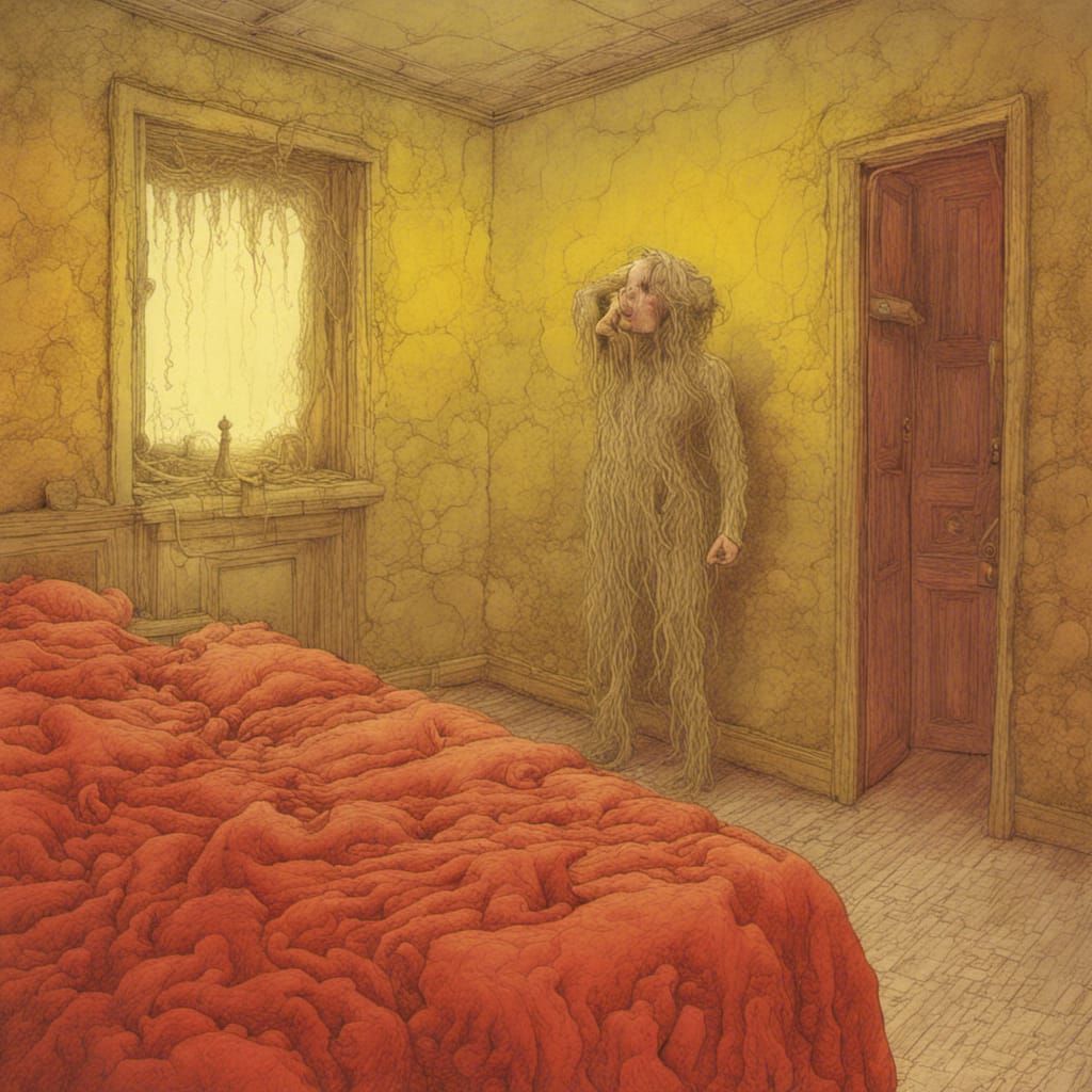 Fever Dream, surreal hallucination of a terrifying life-like velveteen ragdoll blending in with ...