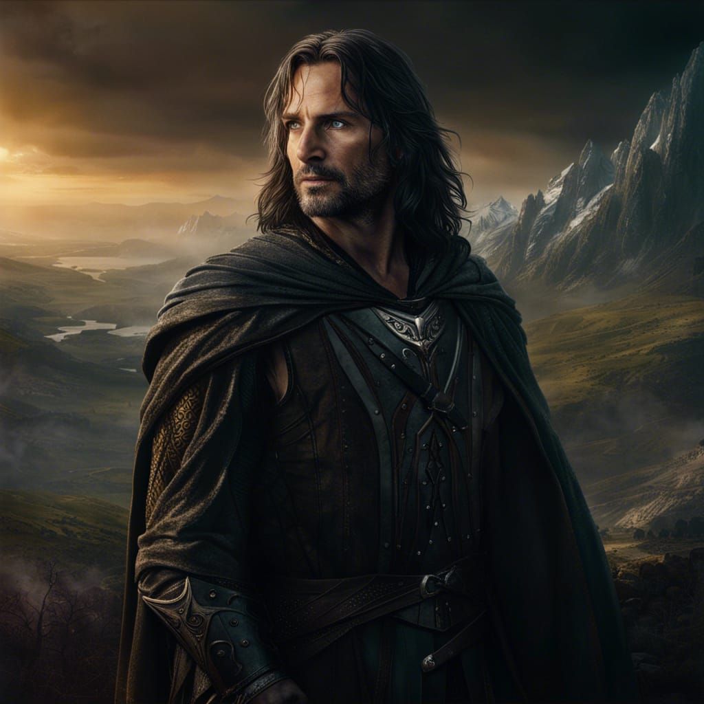 Aragorn, a figure of unwavering determination, stands tall, his eyes ...