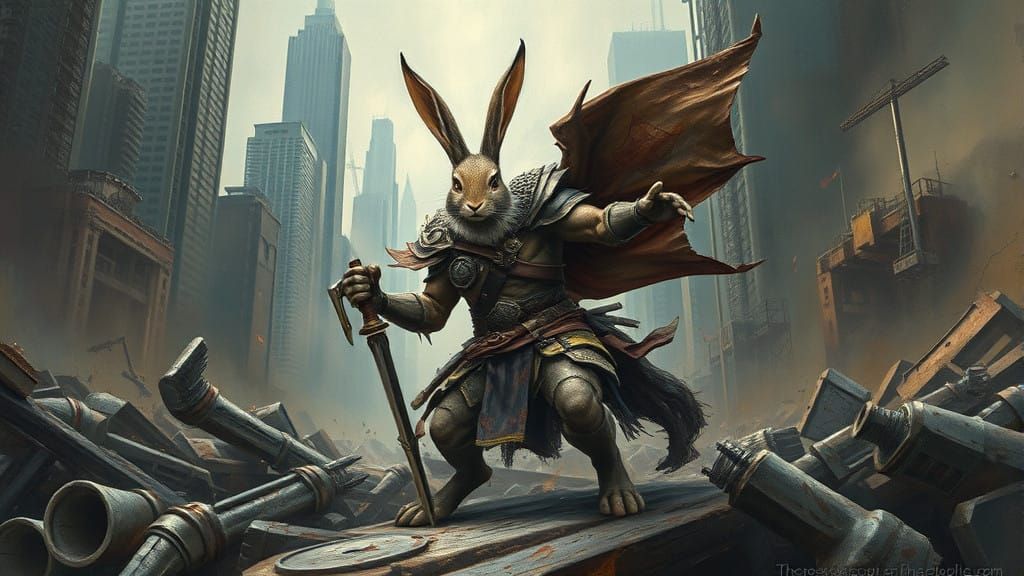 Heroic Rabbit Warrior in a Gritty Dystopian Citysc... - AI Art