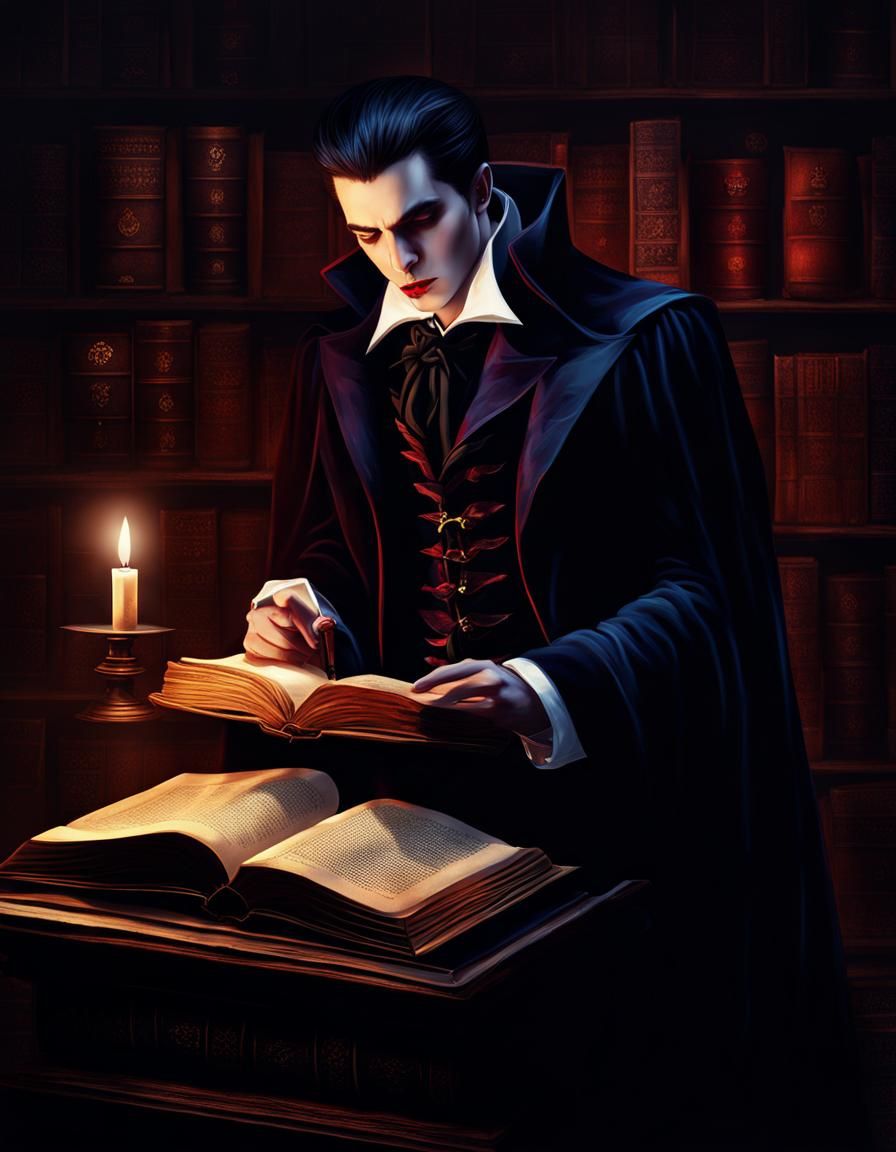 vampire studying an old book deep color digital art twilight dark ...