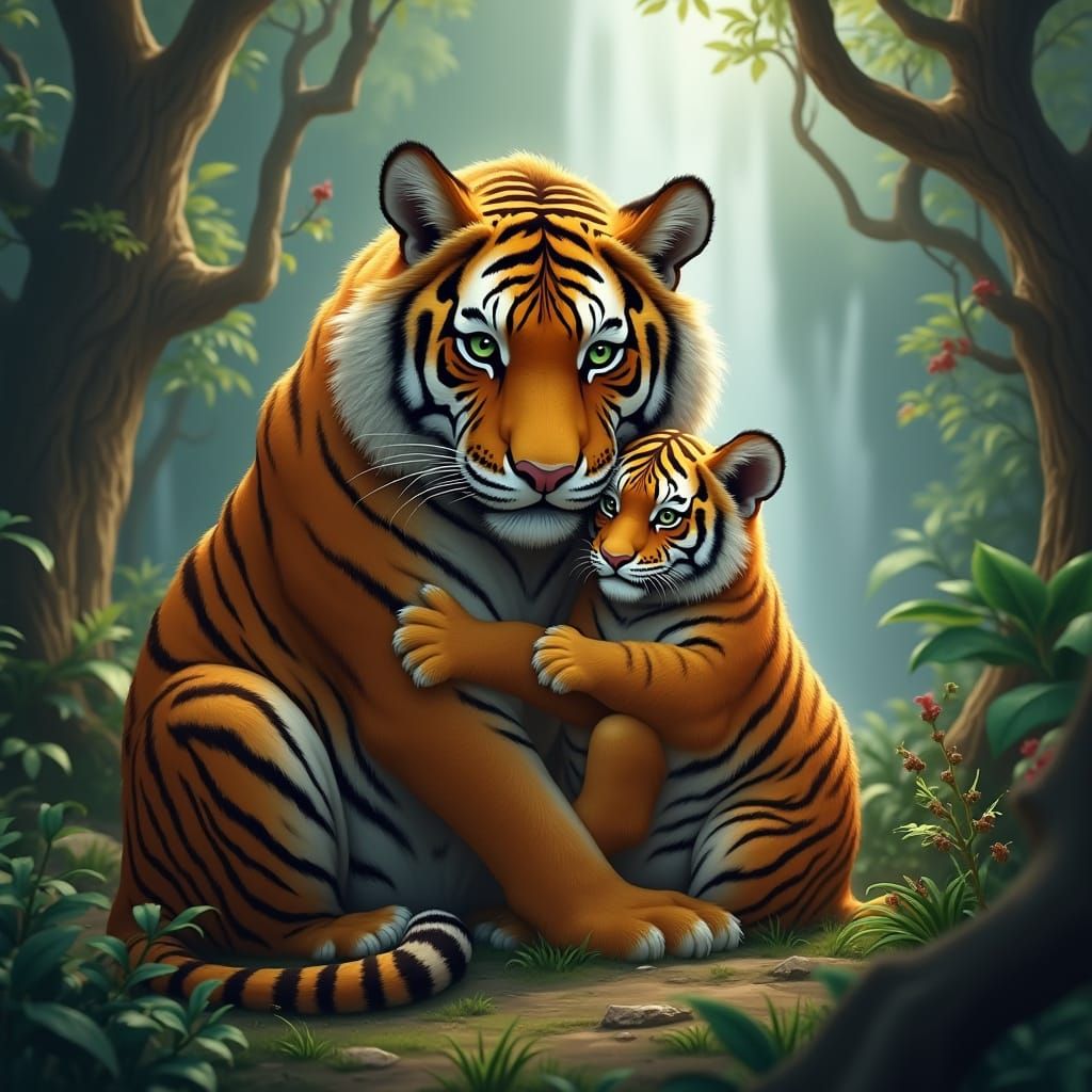Tender Tiger Cub Hug in Lush Rainforest Landscape - AI Art