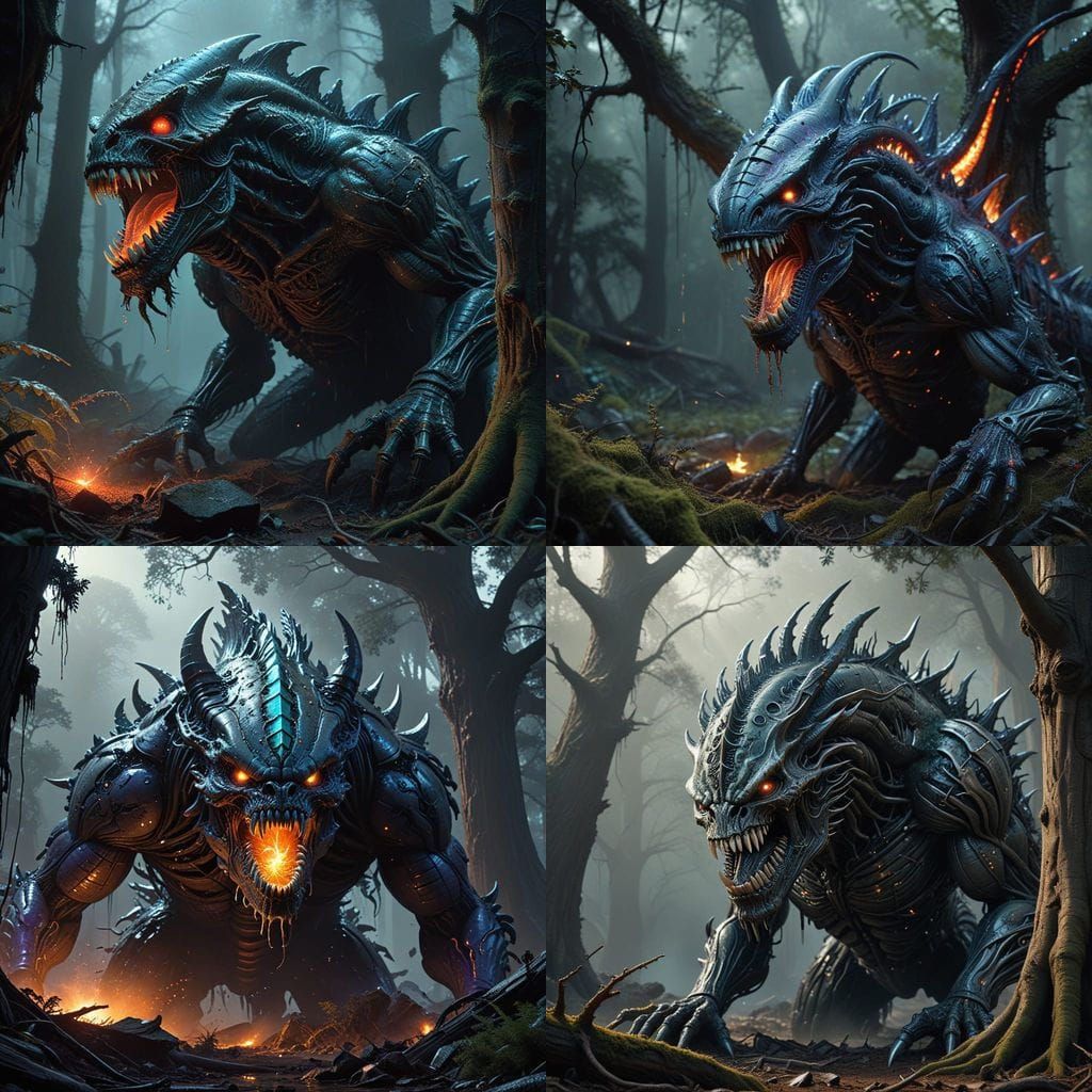 Biomechanical Beast Devours Tree in Slow Motion - AI Art