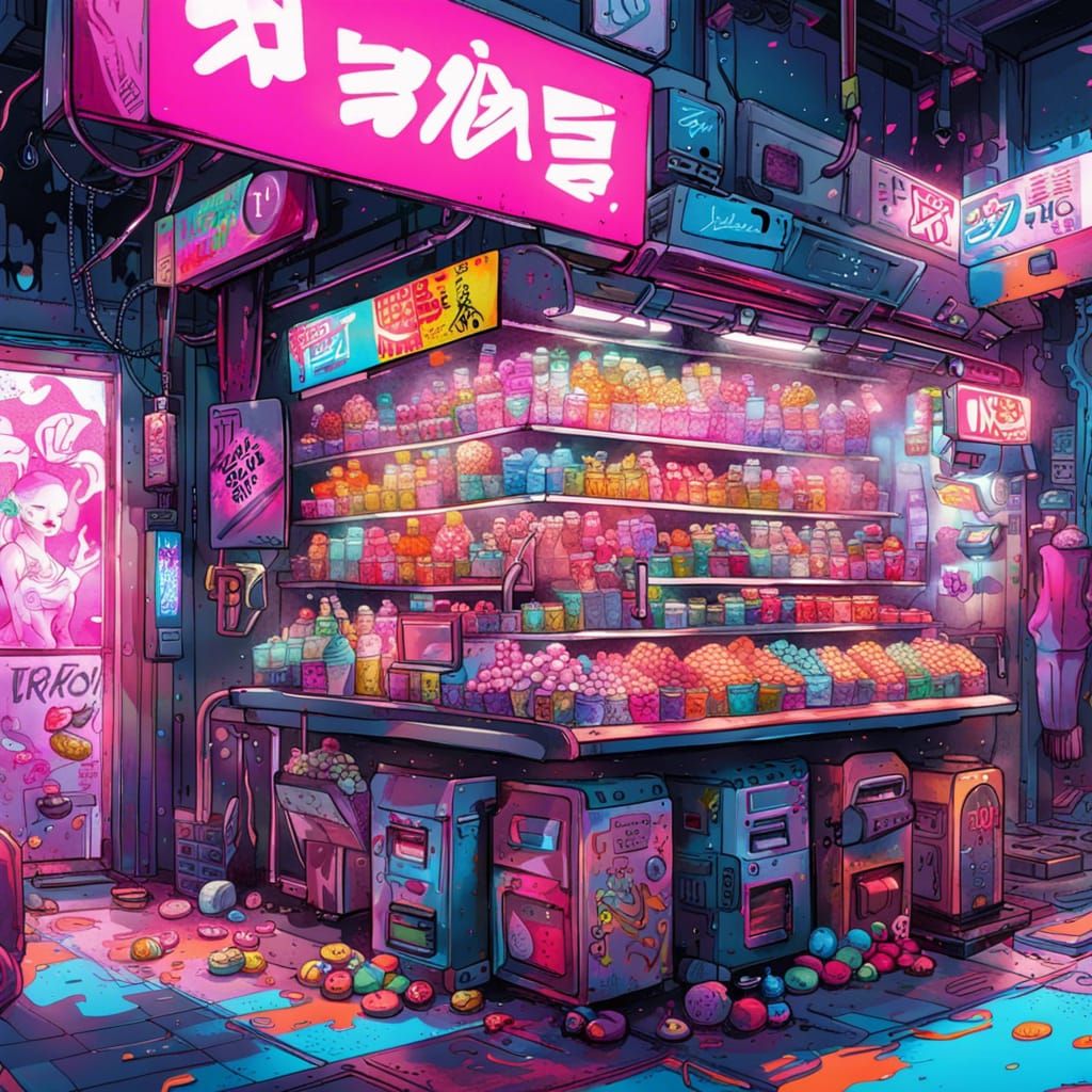 Cyberpunk candy shop. graffiti art, splash art, street art, spray paint ...