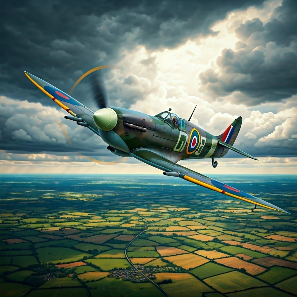 Vintage Spitfire Takes to the Cloudy Skies of Batt... - AI Art