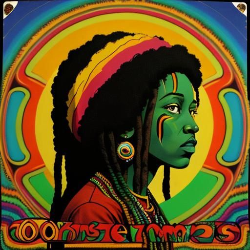 psychedelic reggae dub 70's album cover, rasta woman woods - AI ...