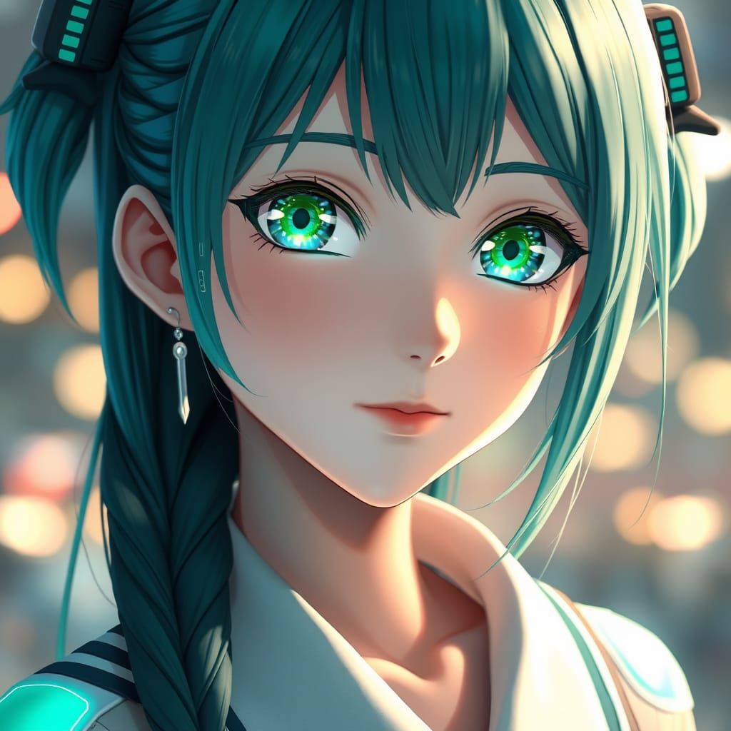 Anime-Inspired Android Girl with Crystal Green Eye... - AI Art