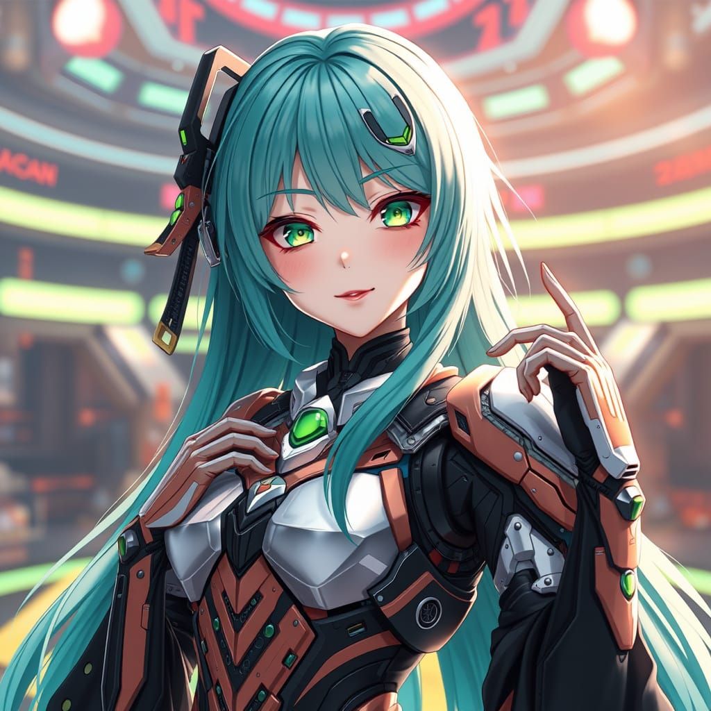Cyberpunk Anime Android Girl with Aqua Hair and Gr... - AI Art