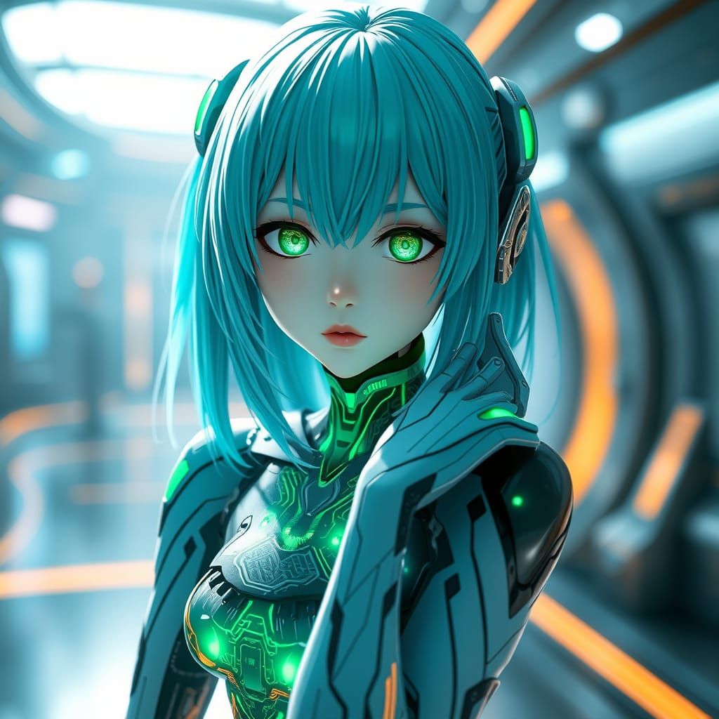 Ethereal Android Goddess with Aqua Hair and Green ... - AI Art