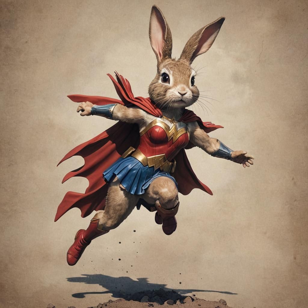 Anthropomorphic Bunny as wonderwoman standing in a small crater she ...