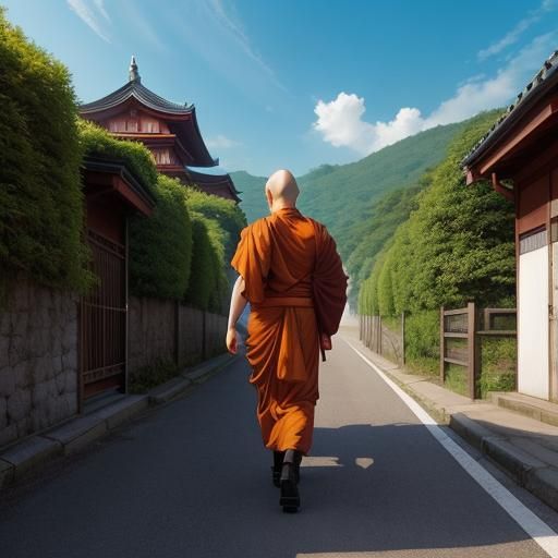 Buddhist monk walking down a road - AI Generated Artwork - NightCafe Creator