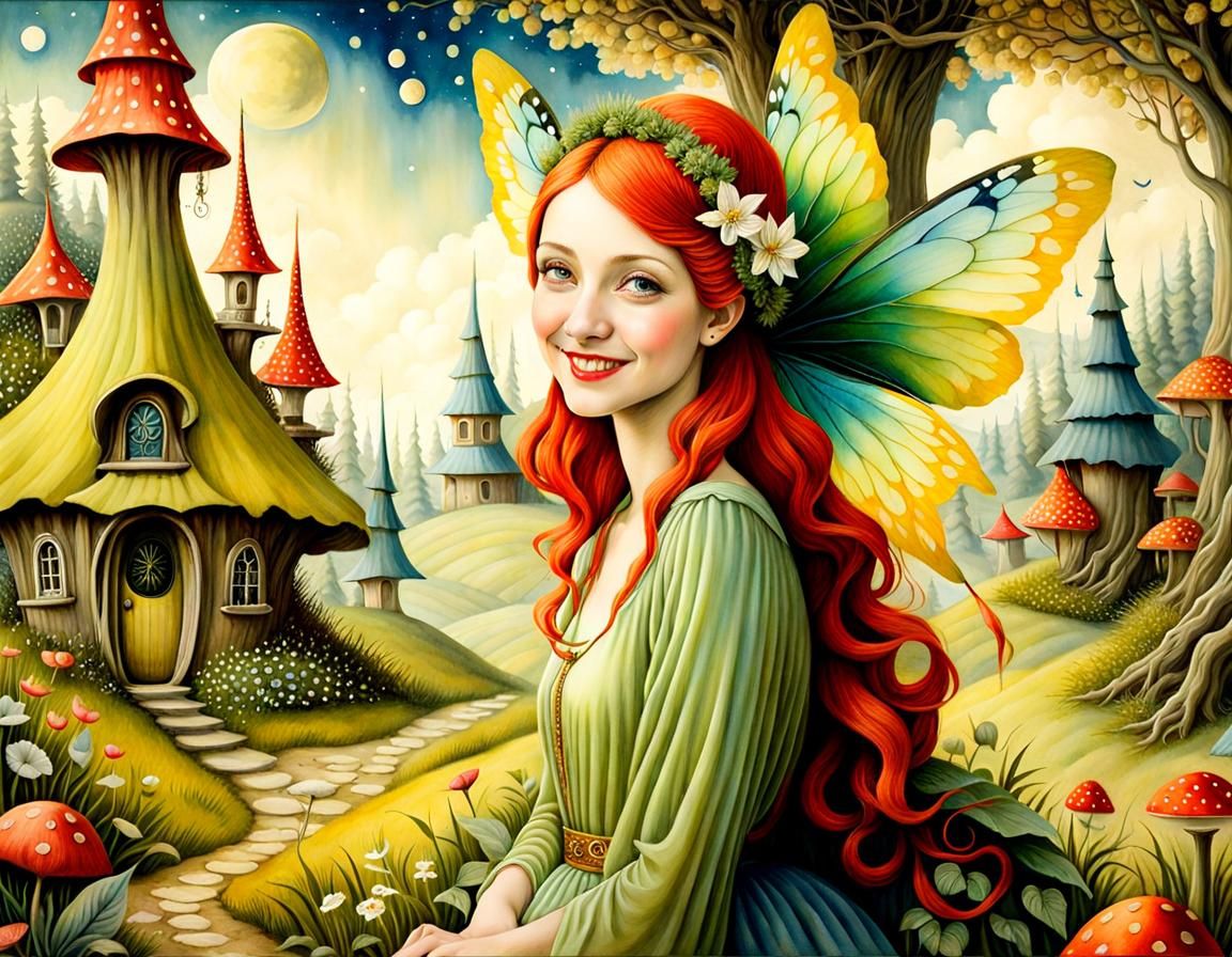 Smiling fairy in a fairy village. Pop surrealism. Whimsical fairy ...