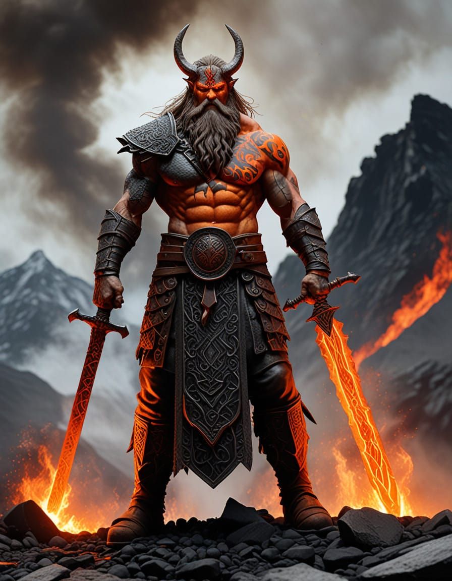 Norse Fire Giant with Volcanic Skin and Flaming Ha... - AI Art