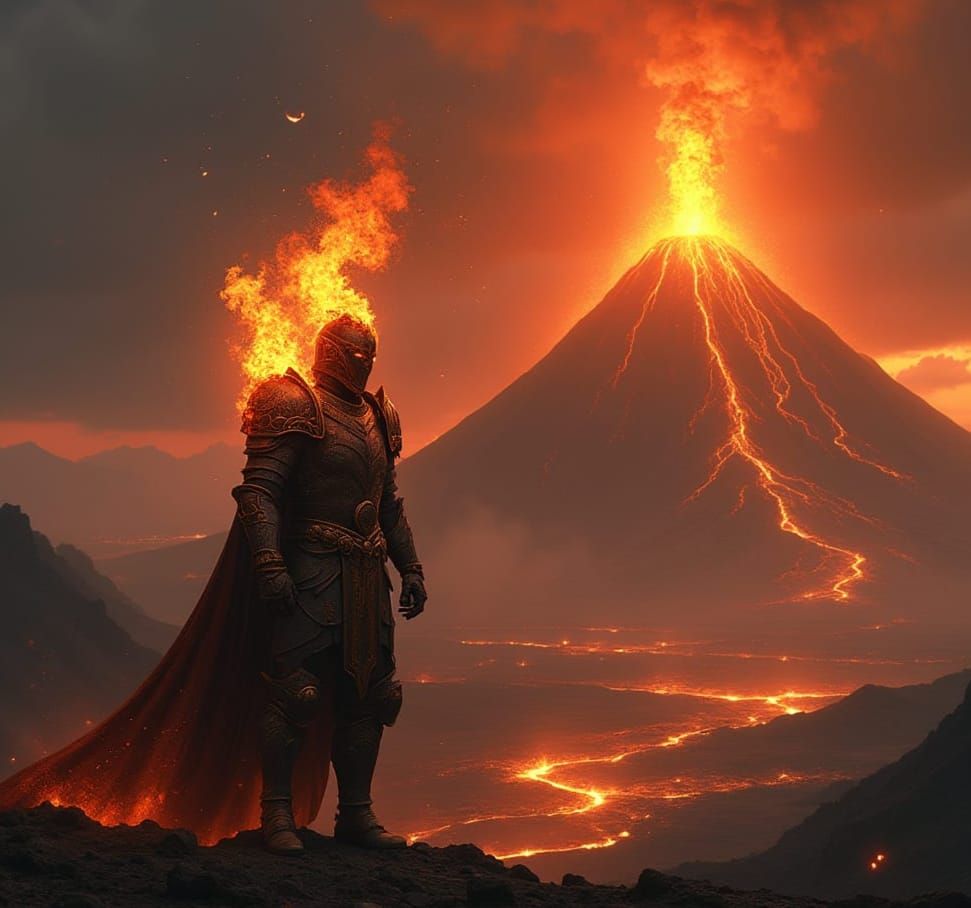 Fiery Knight Rides Against Lava Landscape - AI Art