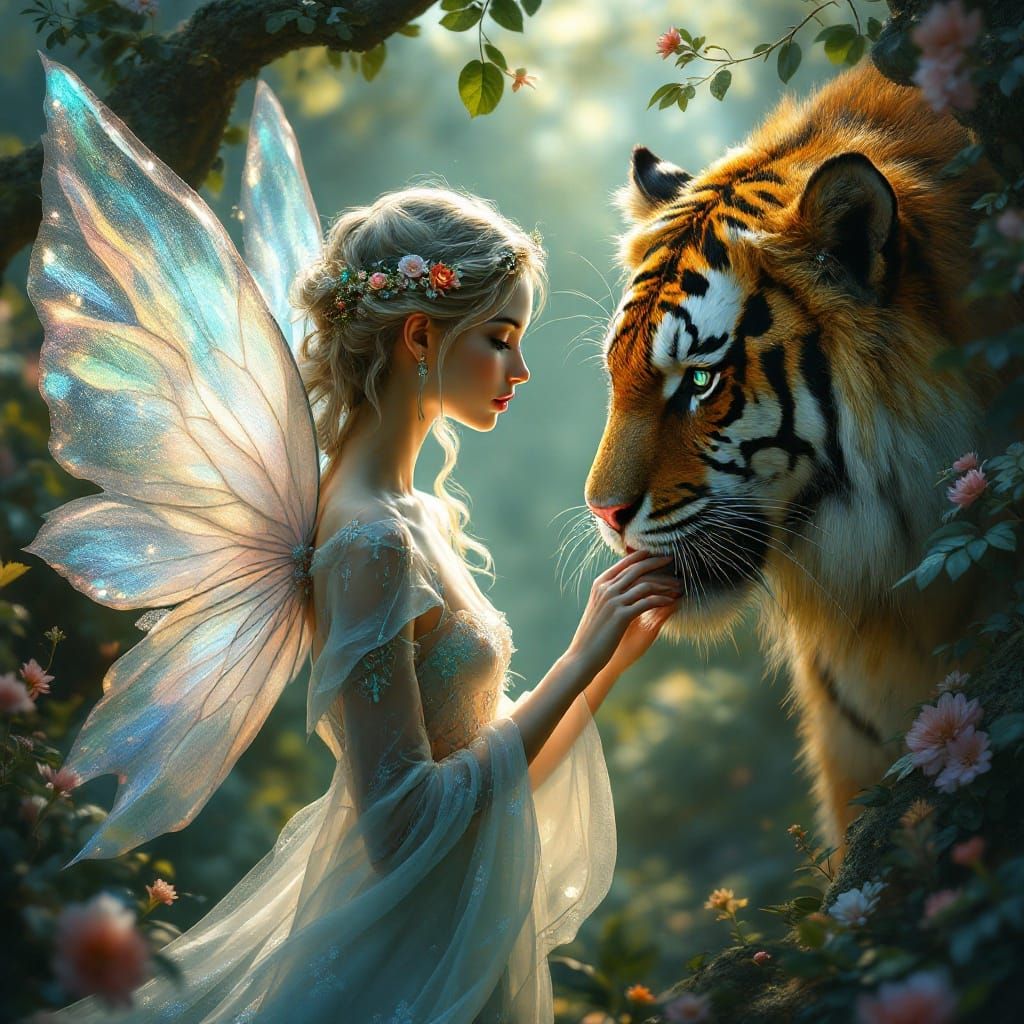 Enchanted Fairy and Tiger in Whimsical Forest Scen... - AI Art