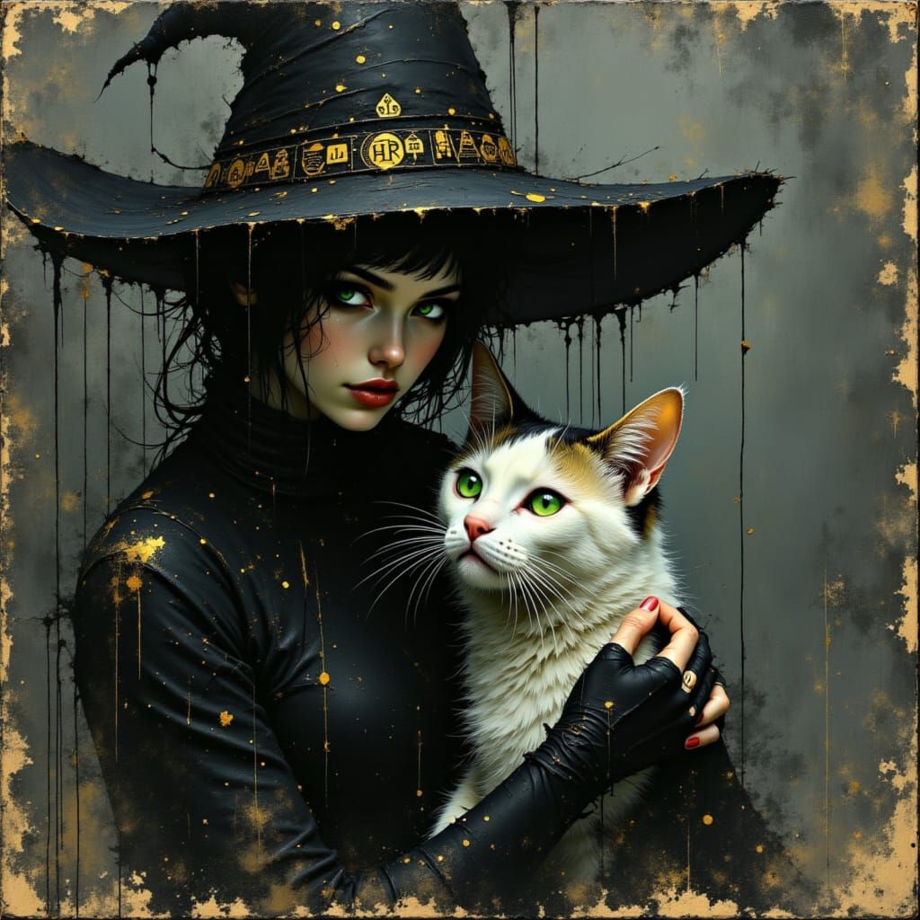 Mystifying woman in a witches hat cuddling her cat