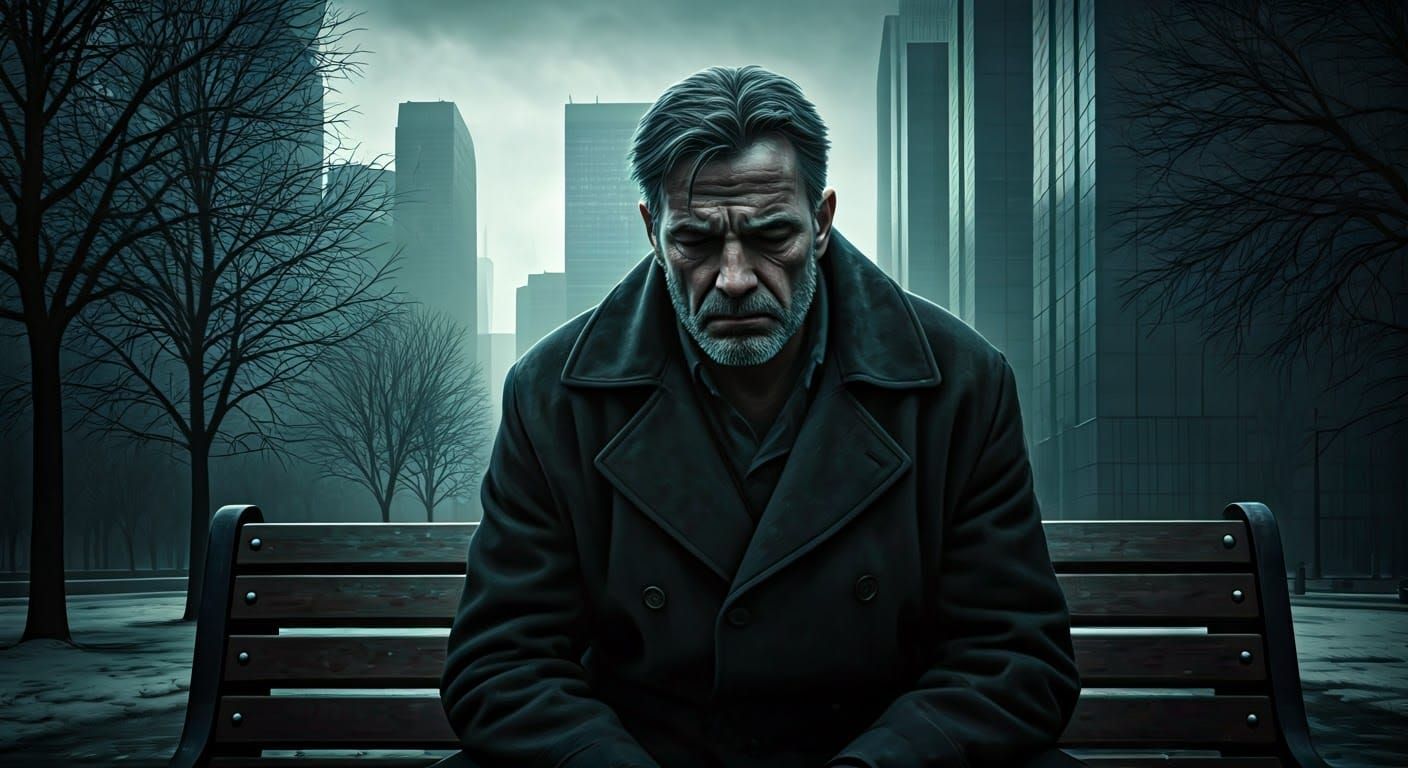 Weathered Man on a Desolate City Bench - AI Art