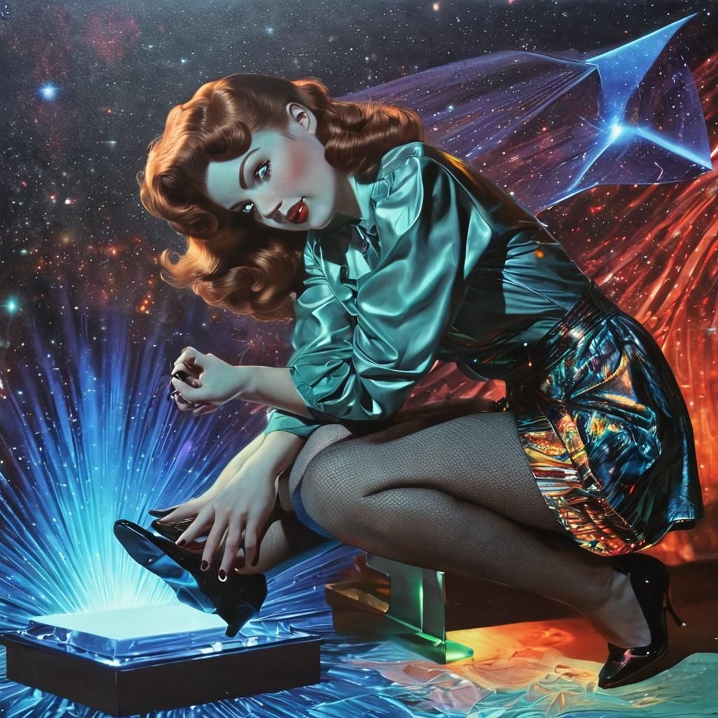 Vintage Holographic Pinup Girl in Neon Lights - AI Art