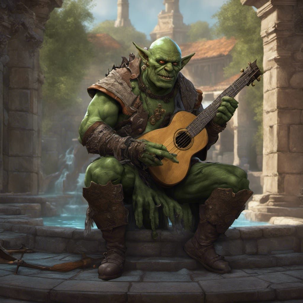 Orc Bard green skin, by a fountain with a lute and greatsword wearing ...