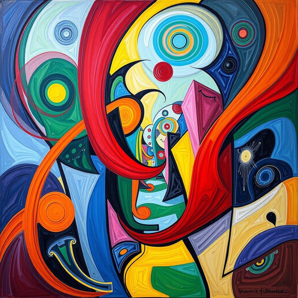 Cubist Artistic Mashup with Swirling Shapes and Li... - AI Art