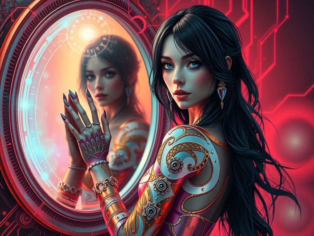 Cyberpunk mirror - Mystical Cyberpunk Sorceress Reflected in...