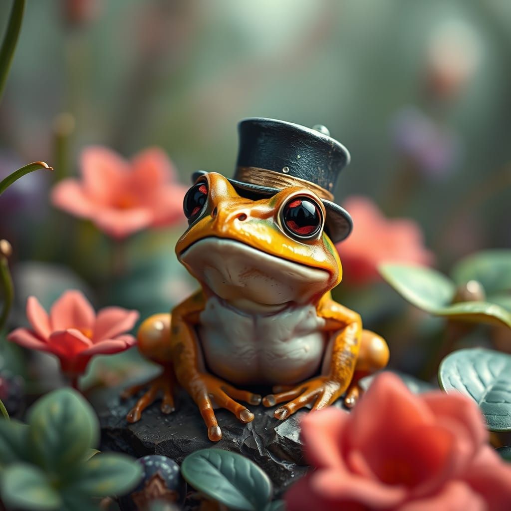 Regal Frog in Dapper Top Hat amidst Whimsical Fant... - AI Art
