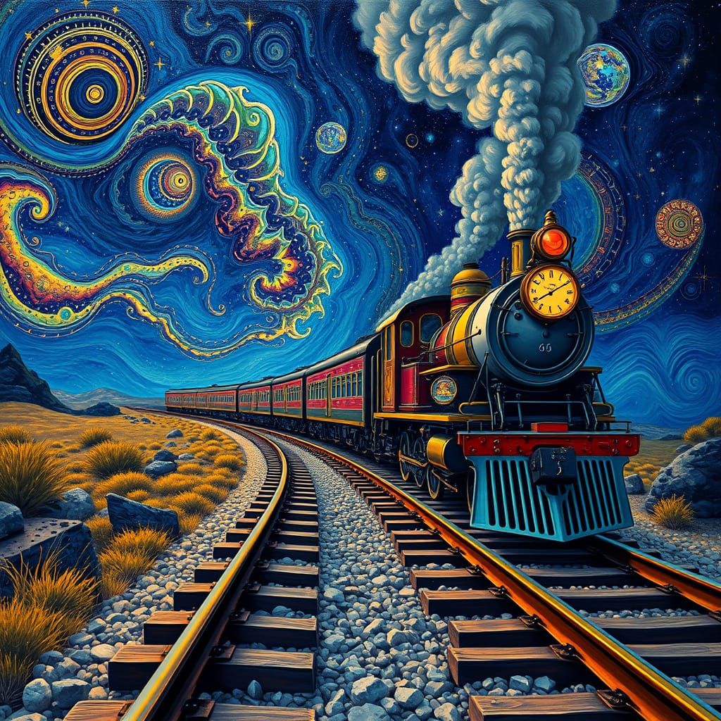 Psychedelic Train Odyssey in Galactic Gold - AI Art
