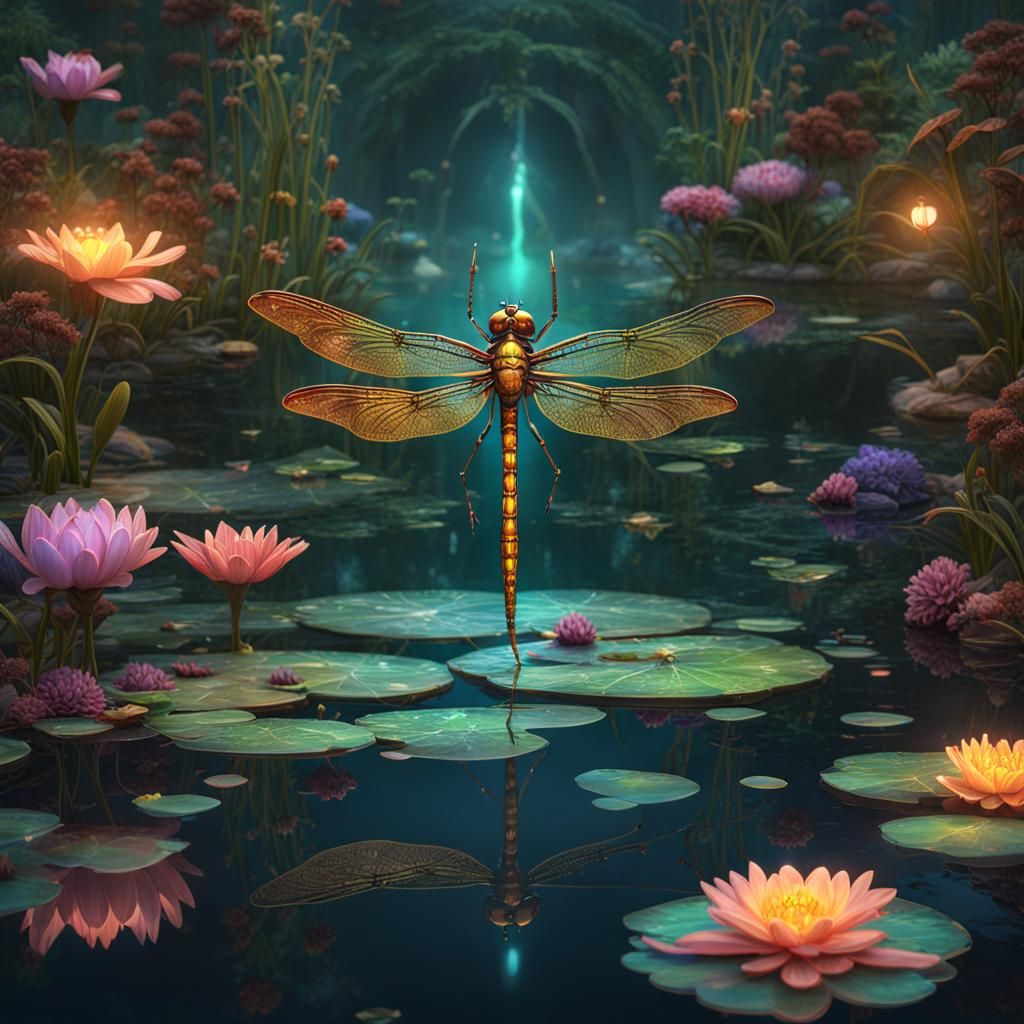 Jeweled colorful Dragonfly art nouveau pond - AI Generated Artwork - NightCafe Creator