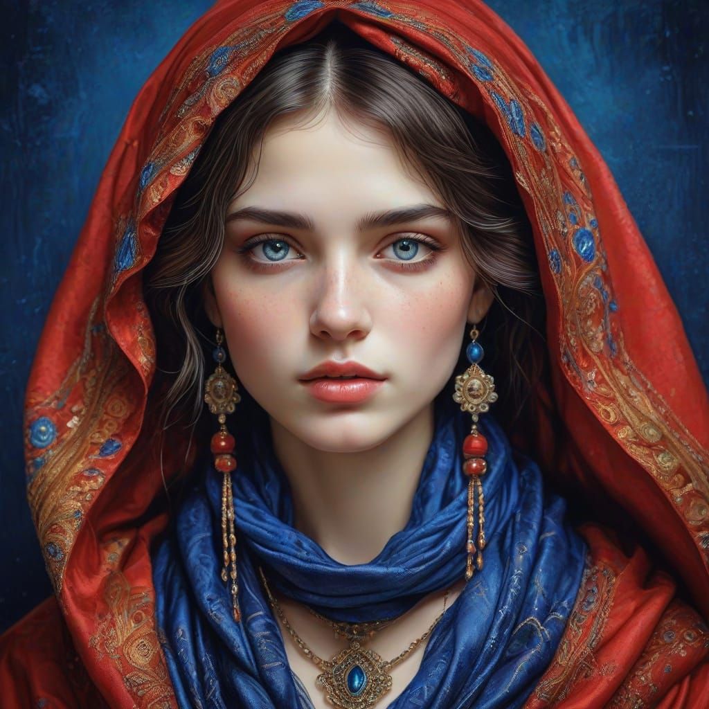 Pre-Raphaelite Gypsy in Luxurious Colors - AI Art