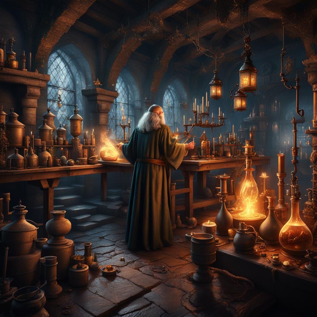 a medieval lab with an ancient wizard performing alchemical experiments ...