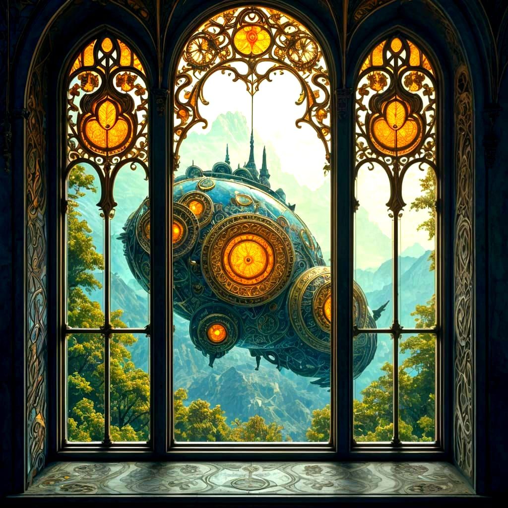 A window with the view of A mesmerizing steam-powered, interdimensional ...