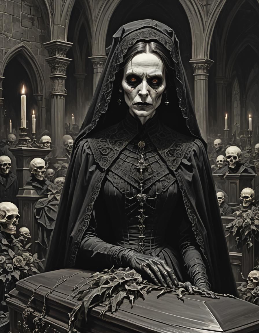 victorian funeral vampire widow mourner coffin gothic church horror - AI Generated Artwork ...