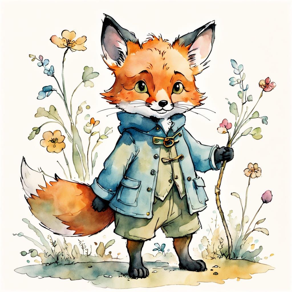 Whimsical Fox Cub in Watercolor Delight - AI Art