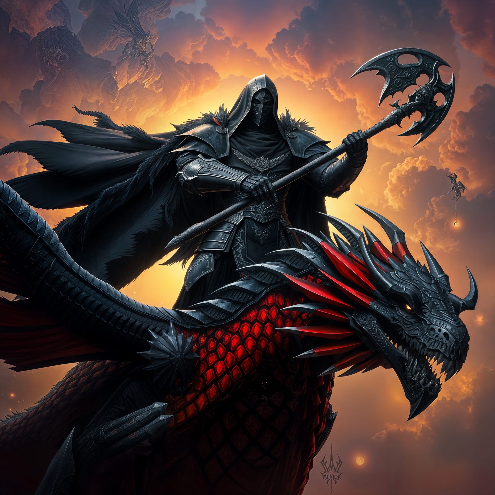Gothic Knight Riding Dragon with Pole Axe in Dark ... - AI Art